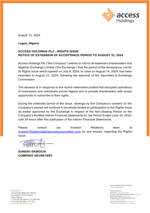 ACCESS HOLDING PLC – Right Notice of Extension of Acceptance Period to ...